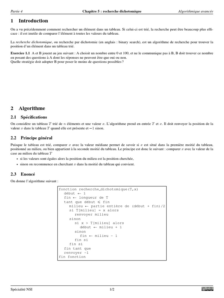Recherche Dichotomique Cours | PDF