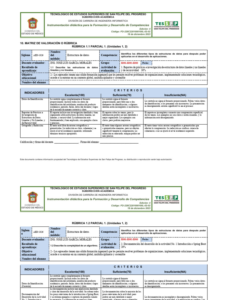 Rúbricas Datos Instrumentación Didáctica para La Formación y Desarrollo de Competencias | PDF ...