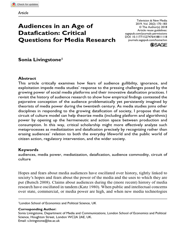 Livingstone - Audiences in An Age of Datafication | PDF | Data | Social Science