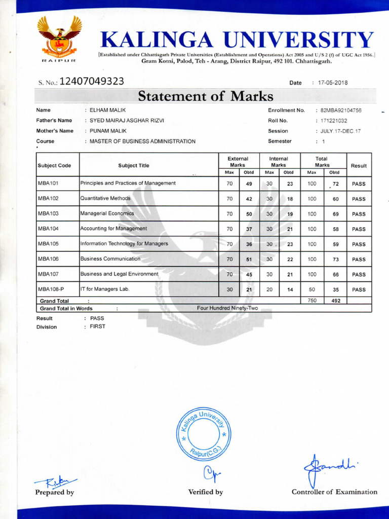 Kalinga University - MBA - Marksheet | PDF