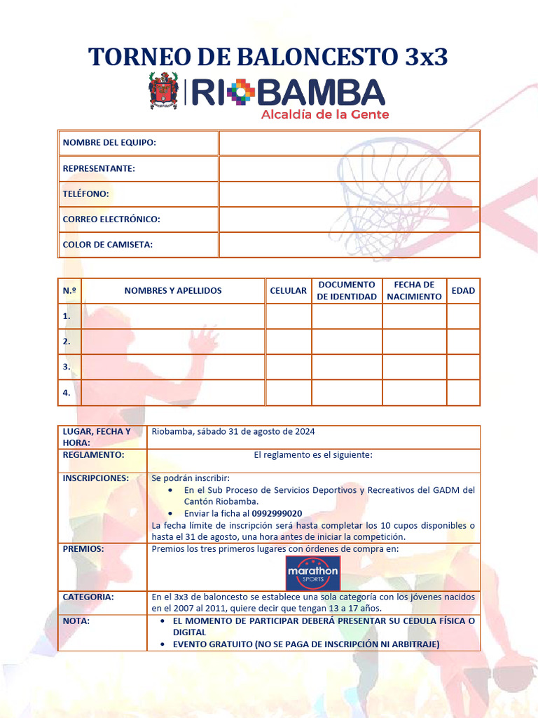 FICHA 2 TORNEO DE BALONCESTO 3x3 | PDF
