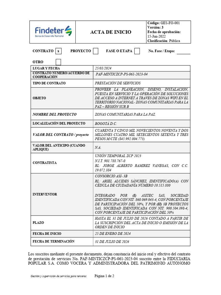 Acta de Inicio Union Temporal ZCP 2023 Sur B Firmada Ut 25-Ene-2024 | PDF | Seguro | Finanzas y ...