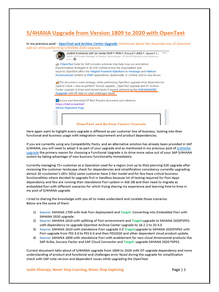 S4HANA 2020 Upgrade With OpenText | PDF
