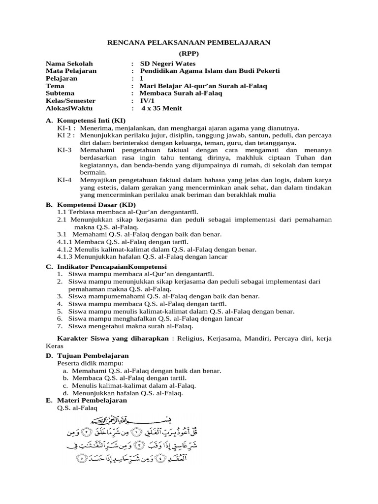RPP - Kls 4 - K13 - Ok | PDF | Quran | Islam