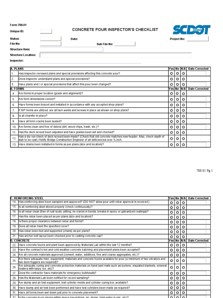 Concrete Pre-Pour Inspection Checklist | PDF