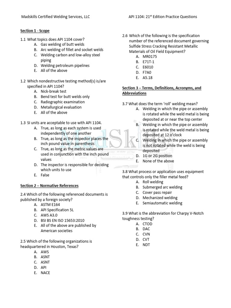 API 1104 21st Edition Practice Questions | PDF | Welding | Construction