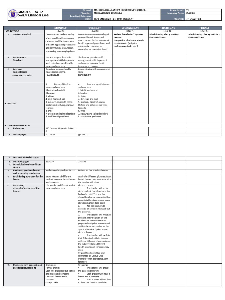 DLL - Mapeh 6 - Q1 - W8 | PDF