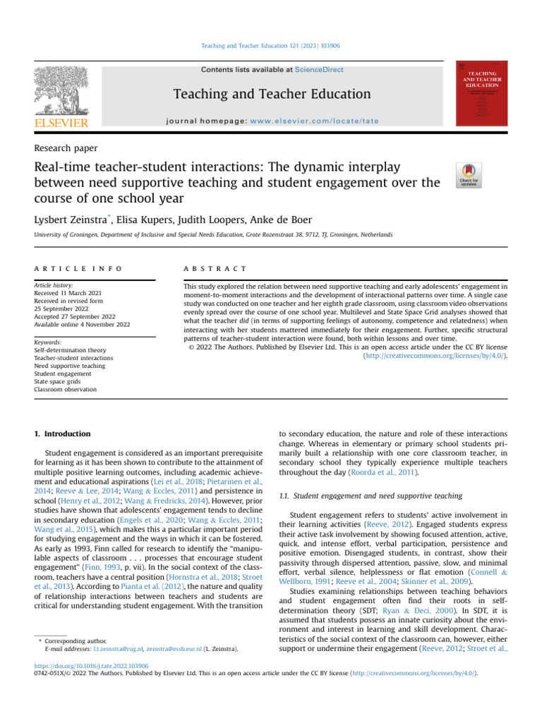 Real Time Teacher Student Interactions The Dynamic Interpl - 2023 - Teaching An | PDF ...