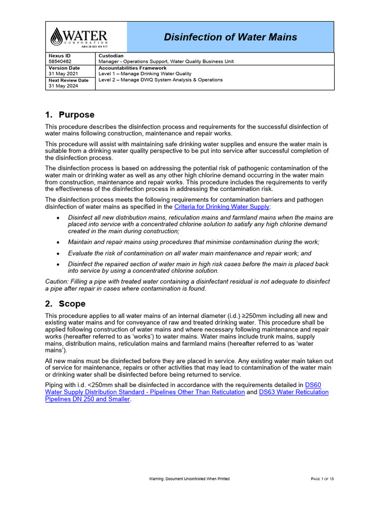 Water Main Disinfection Procedure | PDF | Water Purification | Disinfectant