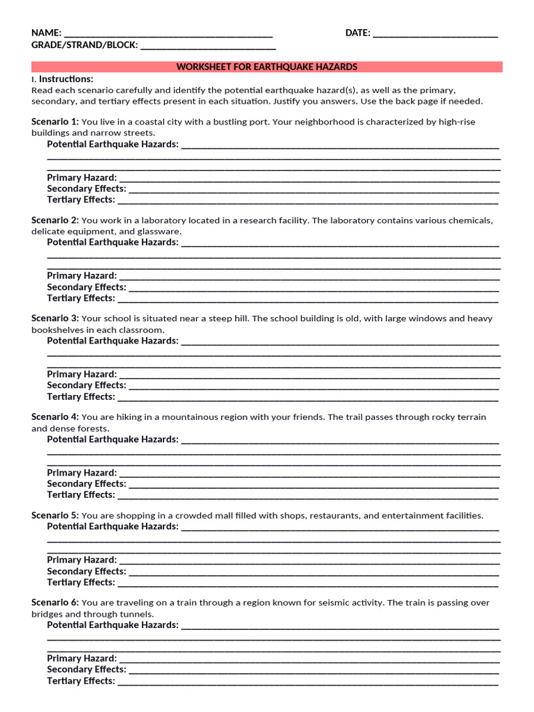 Worksheet EQ Potential Hazards | PDF