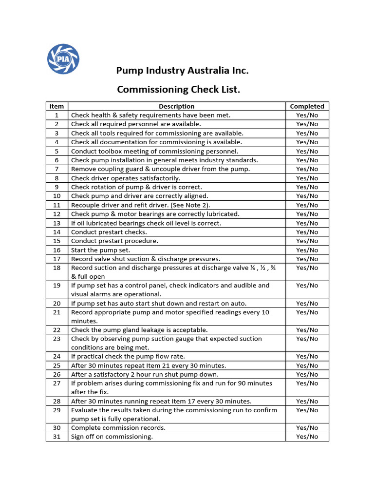 PIA Commissioning Check List | PDF | Pump | Home & Garden