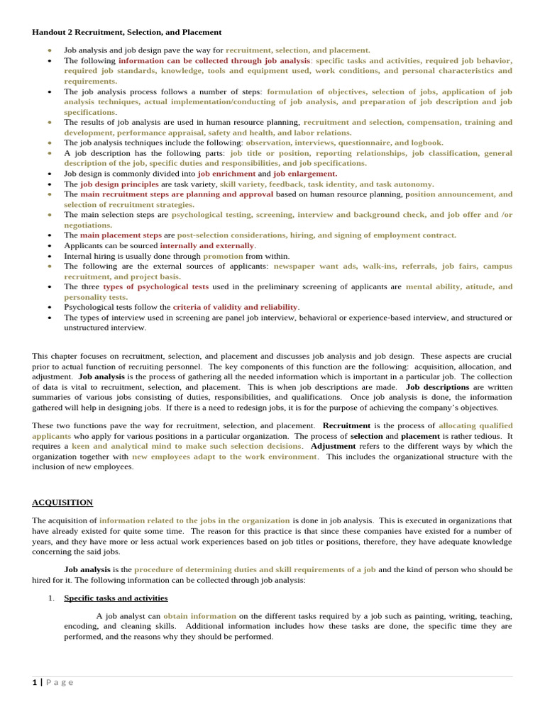 Handout 2 Recruitment Selection and Placement | PDF