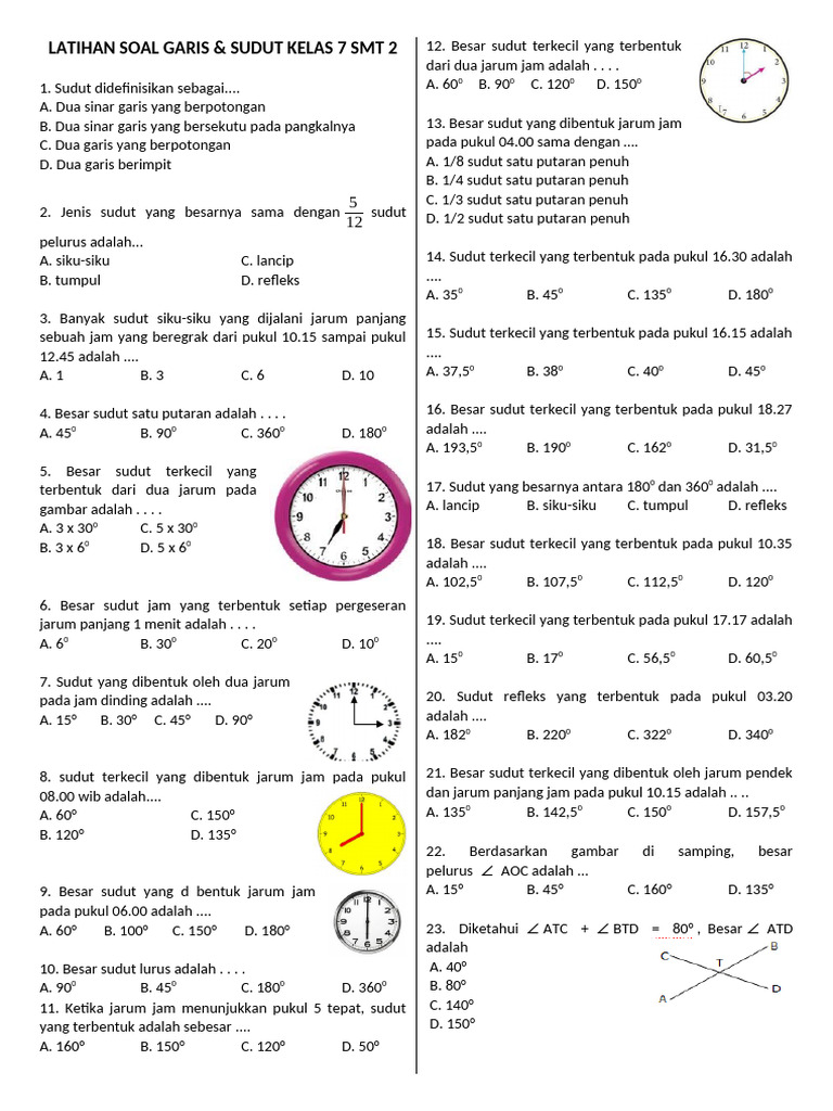 Latihan Soal Garis Dan Sudut Kelas 7 SMT 2 | PDF