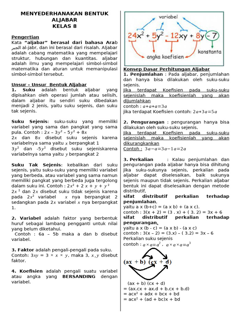 MENYEDERHANAKAN BENTUK ALJABAR Kelas 8 | PDF