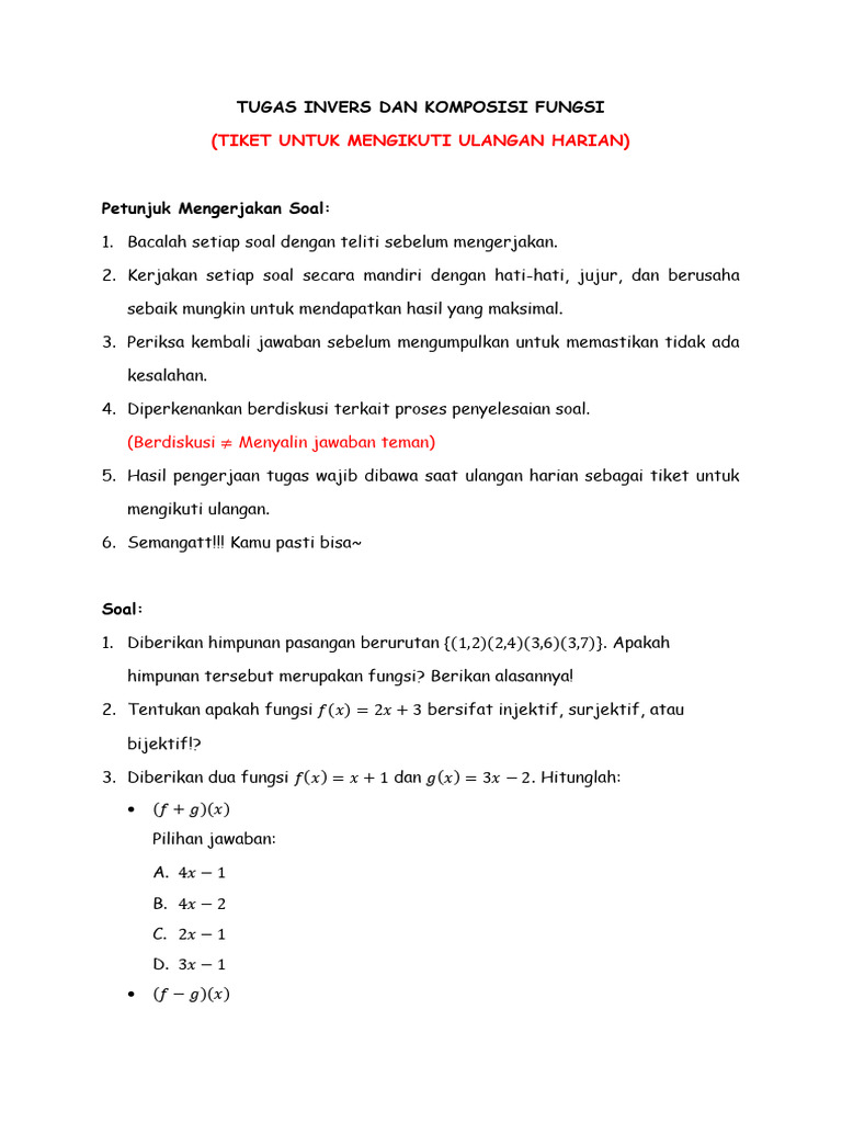 Soal Tugas Kelas Xi Invers Dan Komposisi Fungsi Pdf