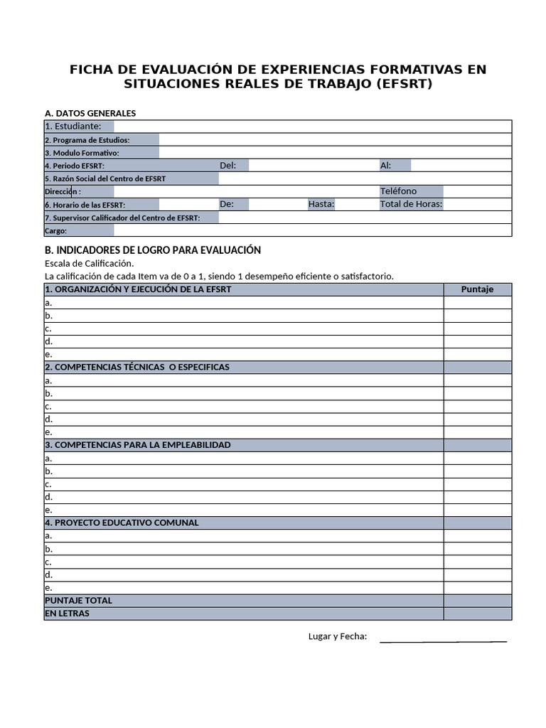 Ficha de Evaluación de Experiencias Formativas en Situaciones Reales de Trabajo (Efsrt) | PDF