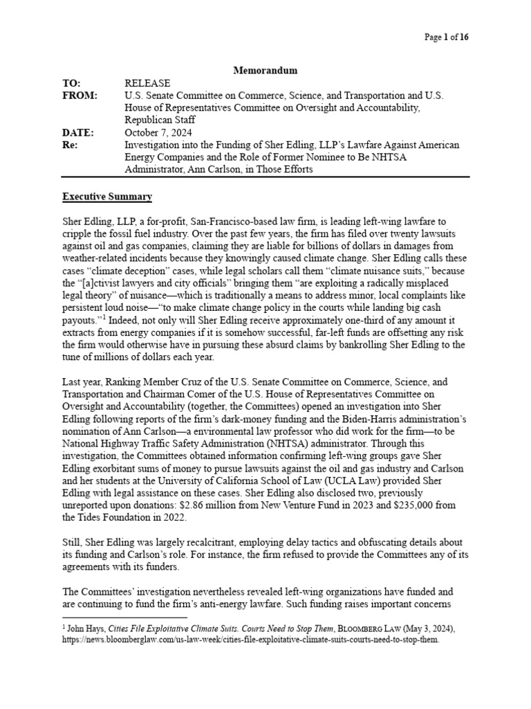 Senate Memo On Sher Edling | PDF | Lawsuit