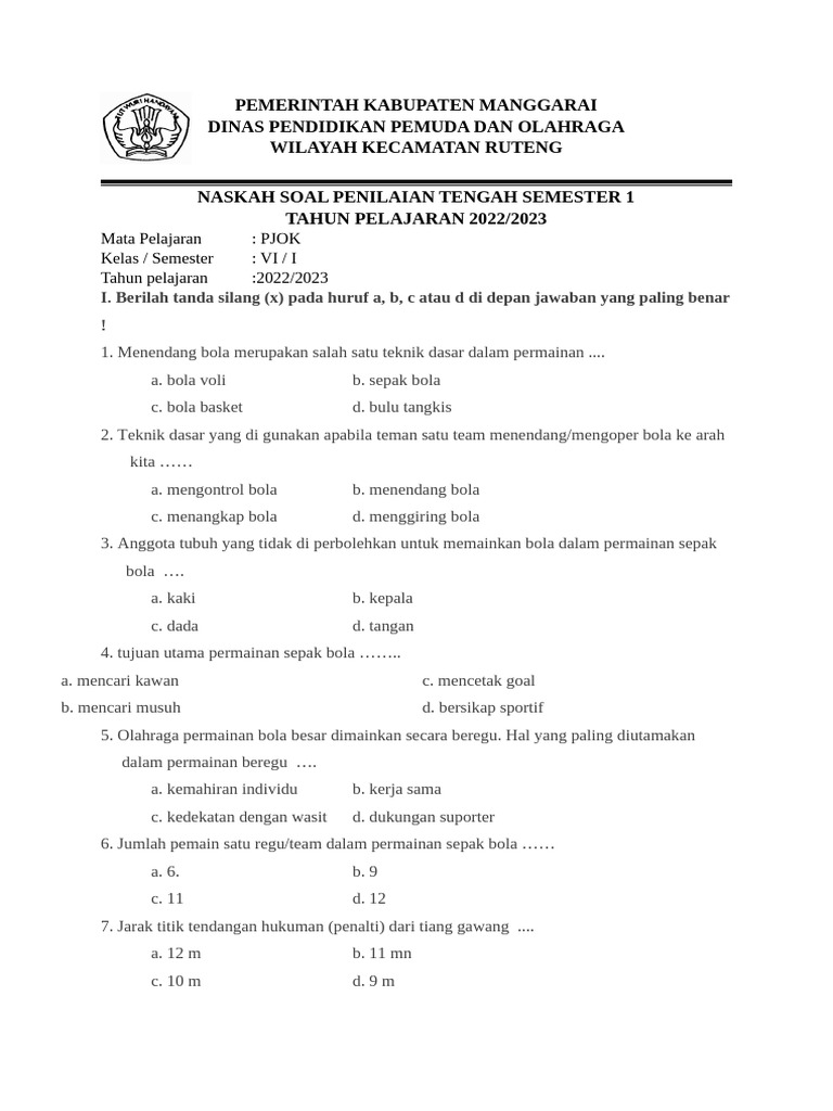 Soal PTS Pjok KLS Vi 20232024 | PDF