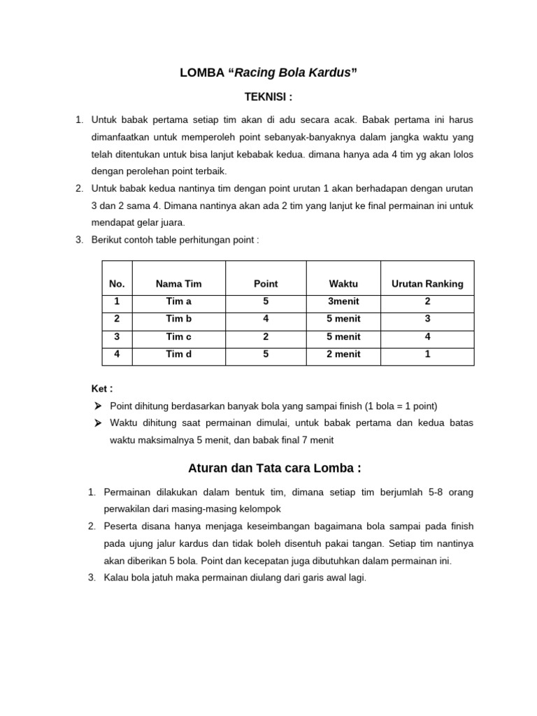 Teknisi Lomba Racing Bola Kardus | PDF