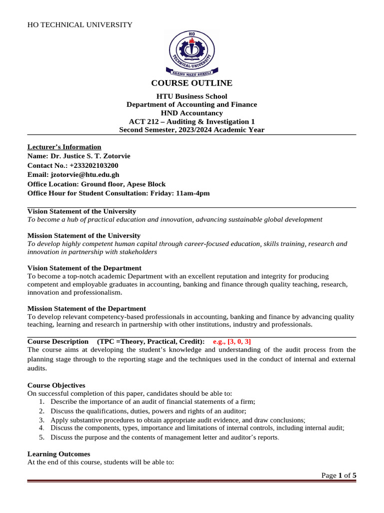 Htu Act 212 Course Outline-2024 | PDF