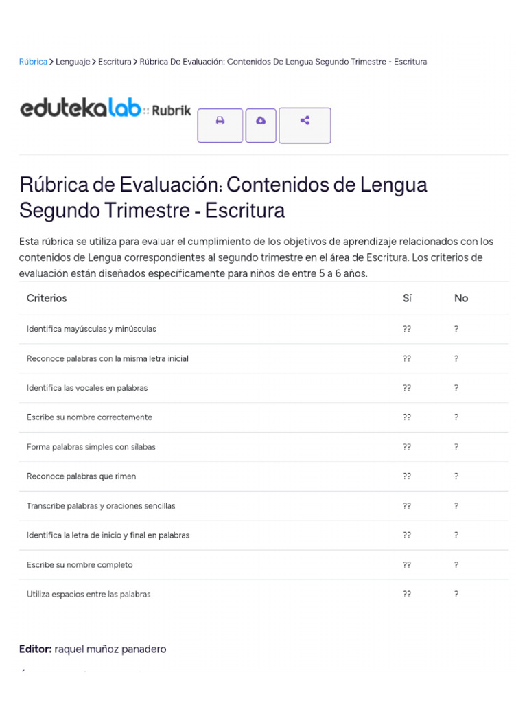 Rúbrica de Evaluación - Contenidos de Lengua Segundo Trimestre ...