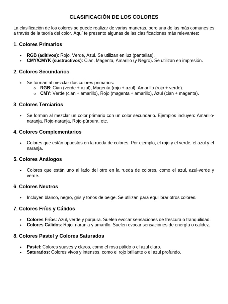 Clasificación De Los Colores Pdf