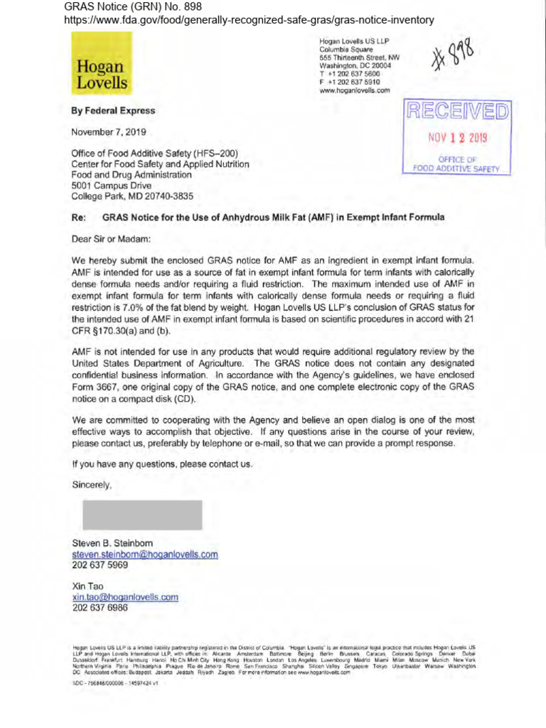 GRAS Notice GRN 898 Dried Milk Fat | PDF | Fat | Organic Compounds