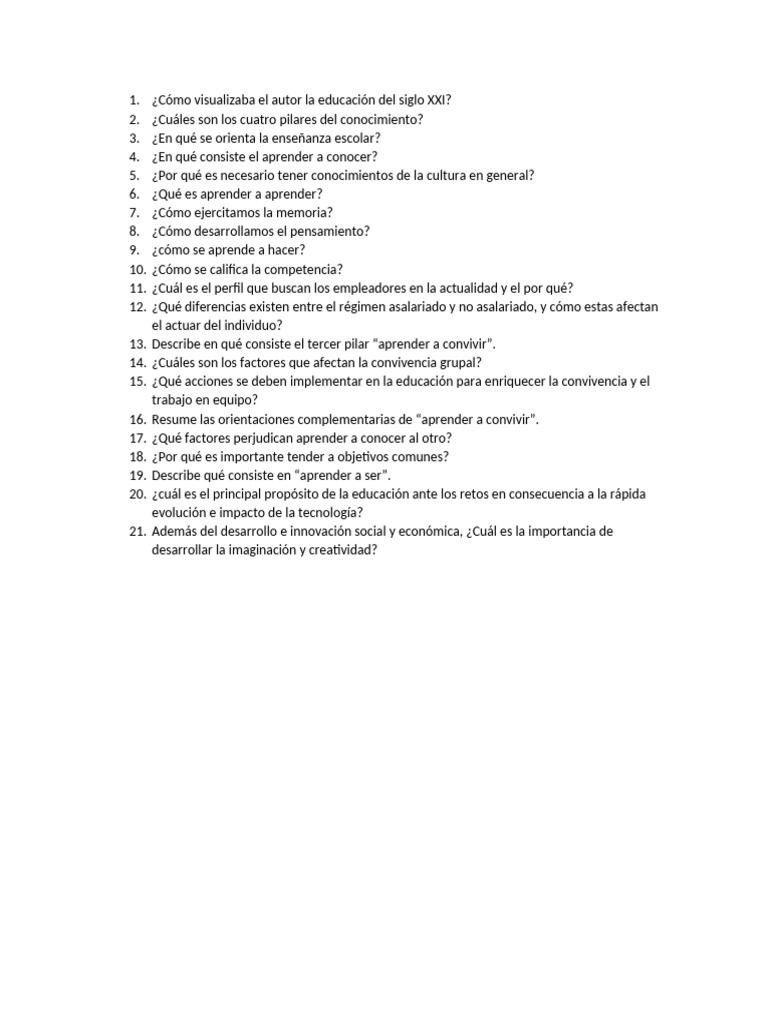 Preguntas Cuestionario 4 Pilares Del Conocimiento | PDF | Crecimiento personal y profesional