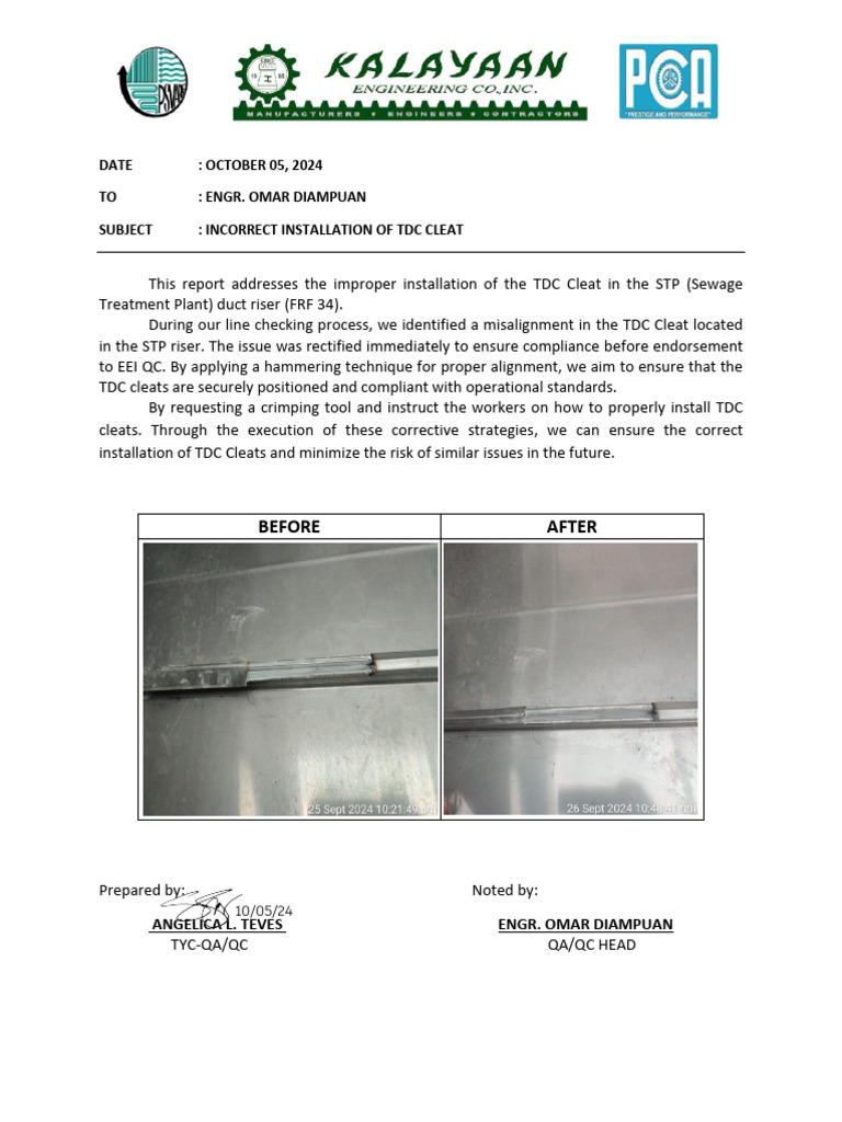 Before After: Date: OCTOBER 05, 2024 TO: Engr. Omar Diampuan Subject ...