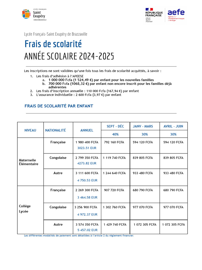 Frais de Scolarite 2024-2025.Docx (2) | PDF