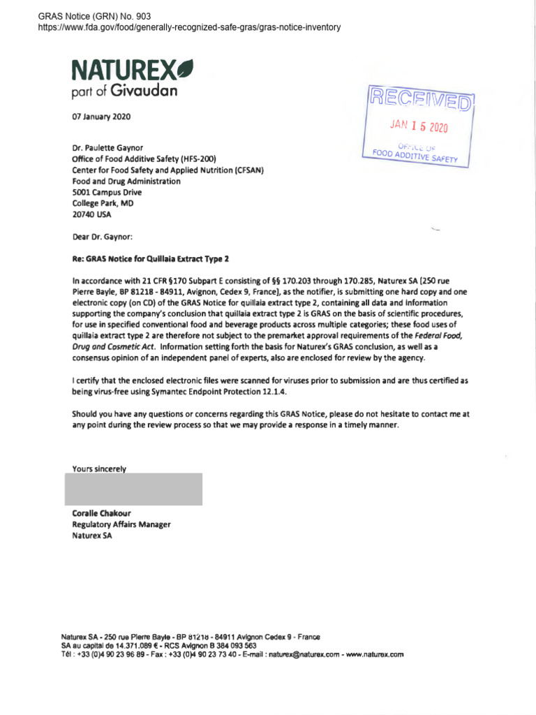 GRAS Notice GRN 903 Quillaia Extract Type 2 | PDF