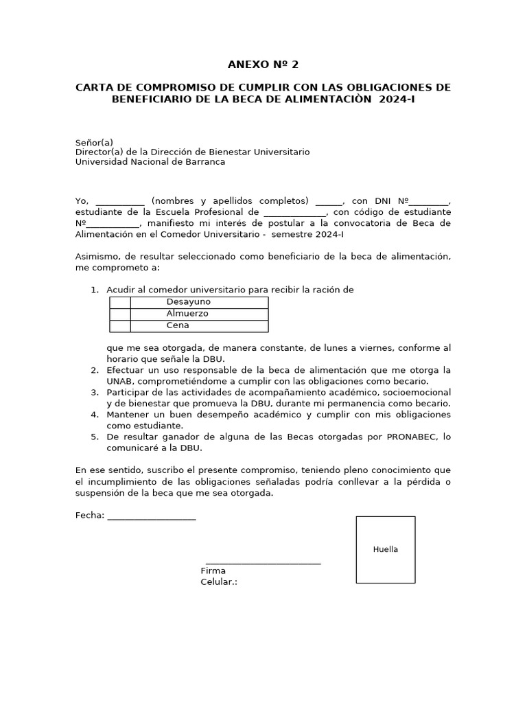 Compromiso Beca Alimentación 2024-I | PDF
