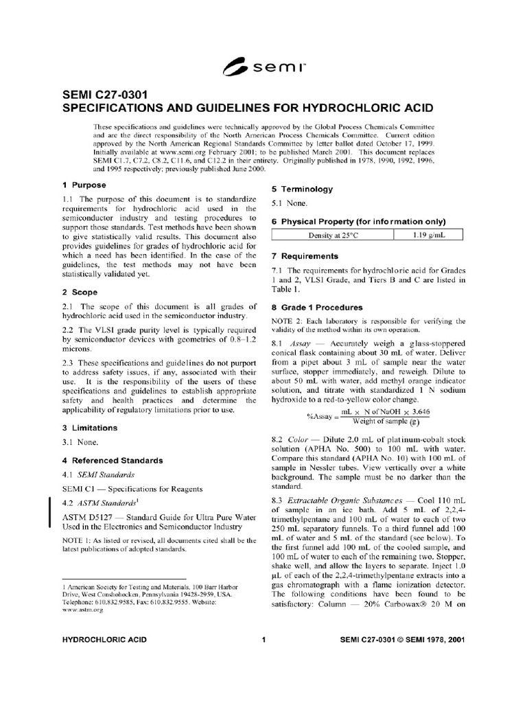 SEMI C27-0301 SPECIFICATIONS AND GUIDELINES FOR HYDROCHLORIC ACID | PDF