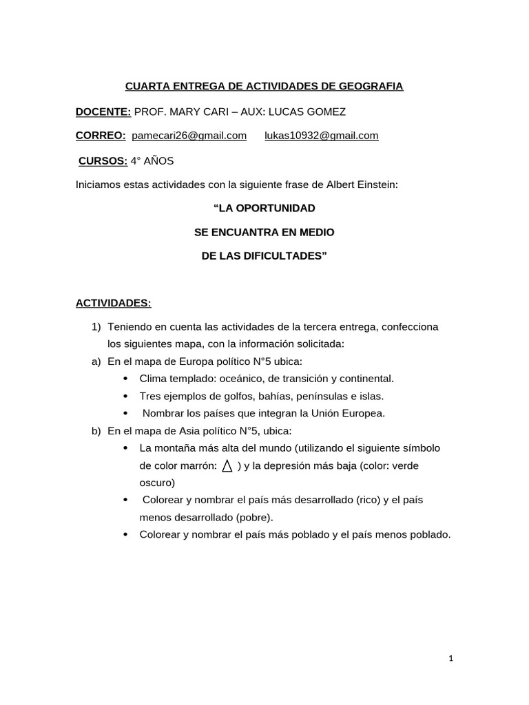 CUARTA ENTREGA DE ACTIVIDADES DE GEOGRAFIA 4° Año | PDF