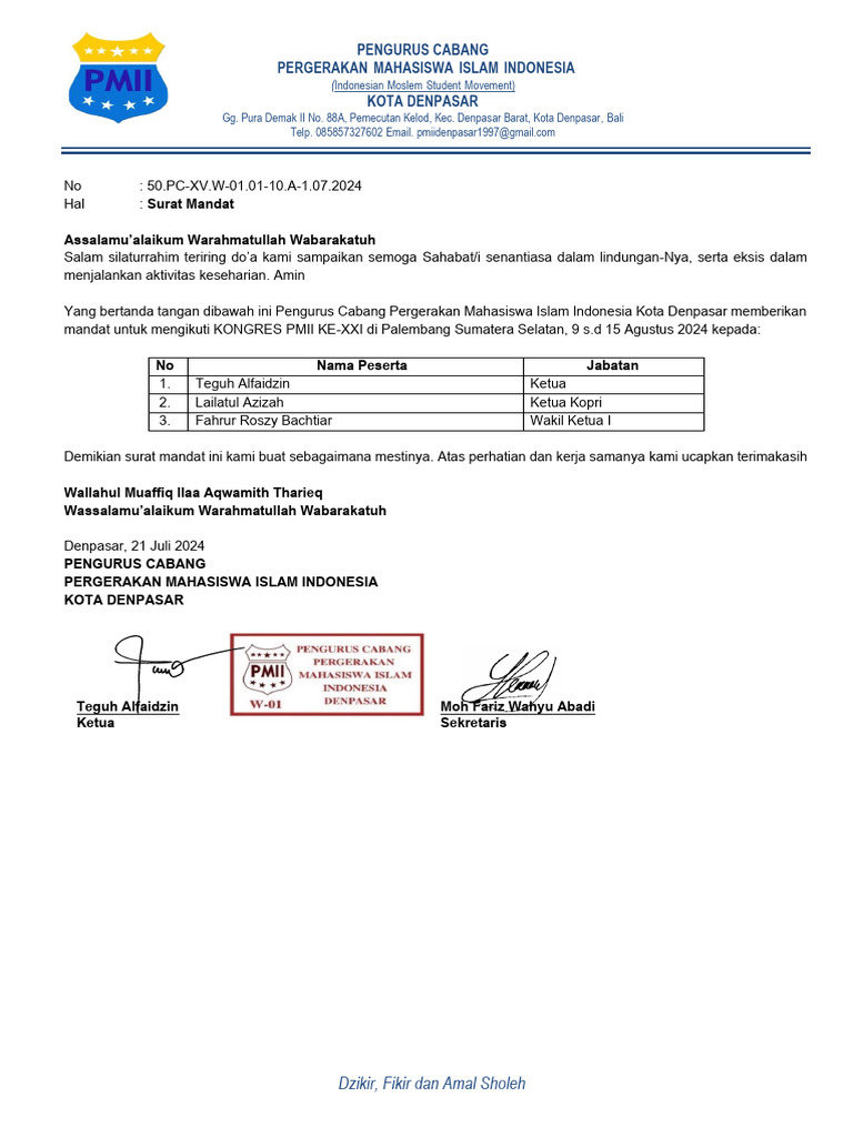 Surat Mandat PMII Denpasar | PDF