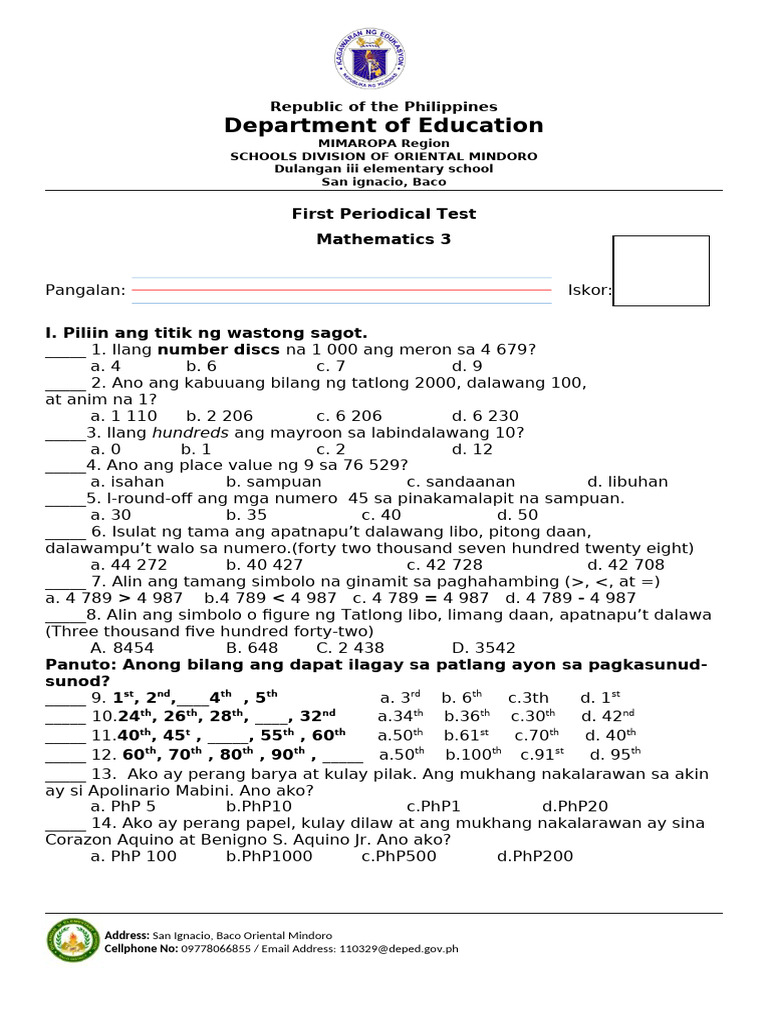 1st Periodical Test MATHEMATICS | PDF