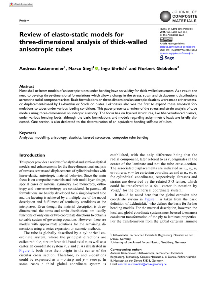 Review Of Elasto Static Models For Three Dimensional Analysis Of Thick Walled Anisotropic Tubes