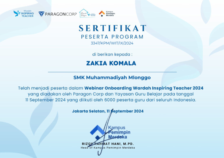 Sertifikat Webinar OnBoarding WIT 2024 ZAKIA KOMALA Dari SMK Muhammadiyah Mlonggo | PDF