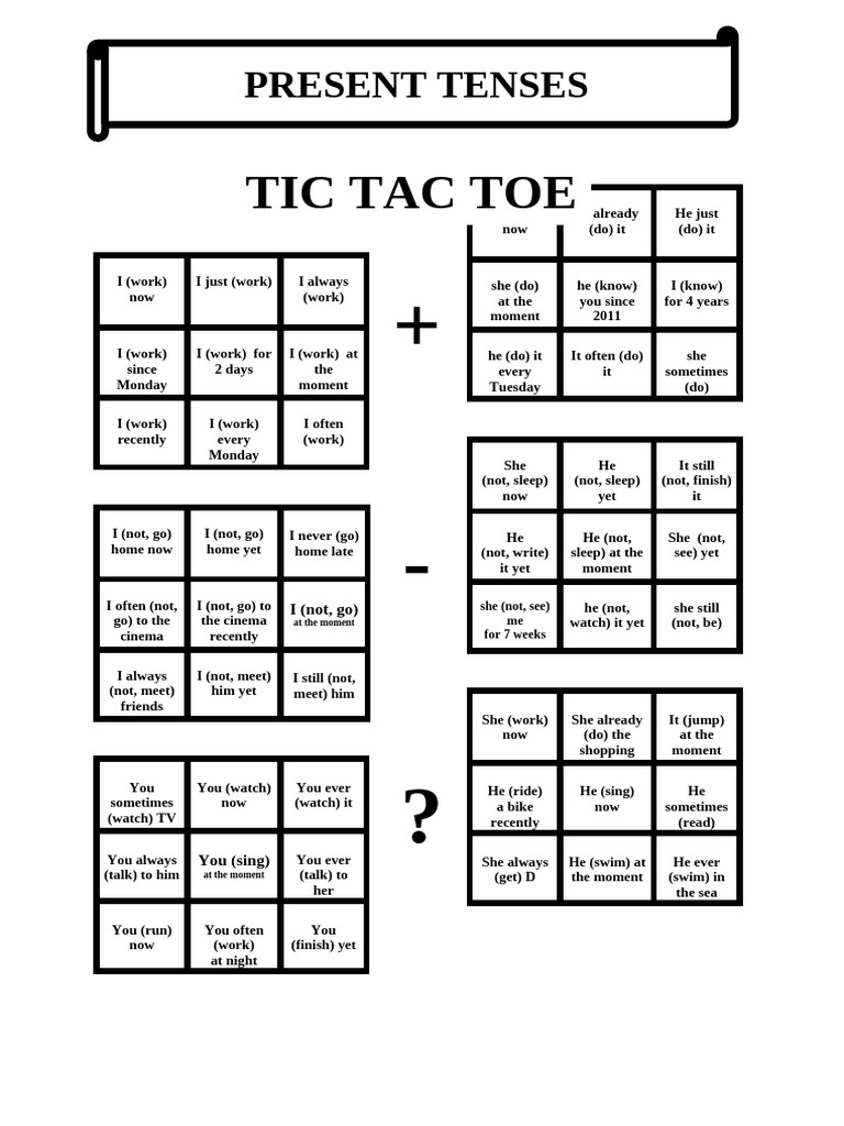 Tic Tac Toe PRESENT Tenses | PDF