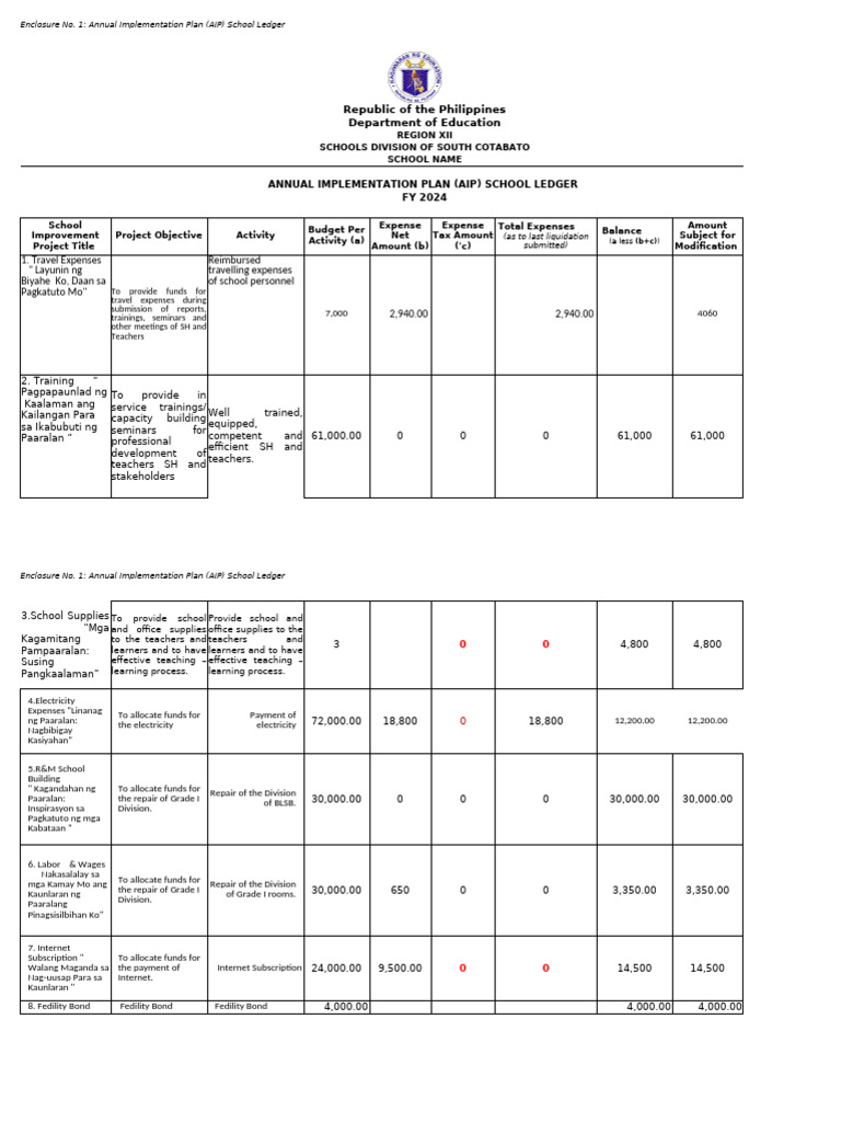 Template - Enclosure 1 Annual Implementation Plan (Aip) School Ledger | PDF