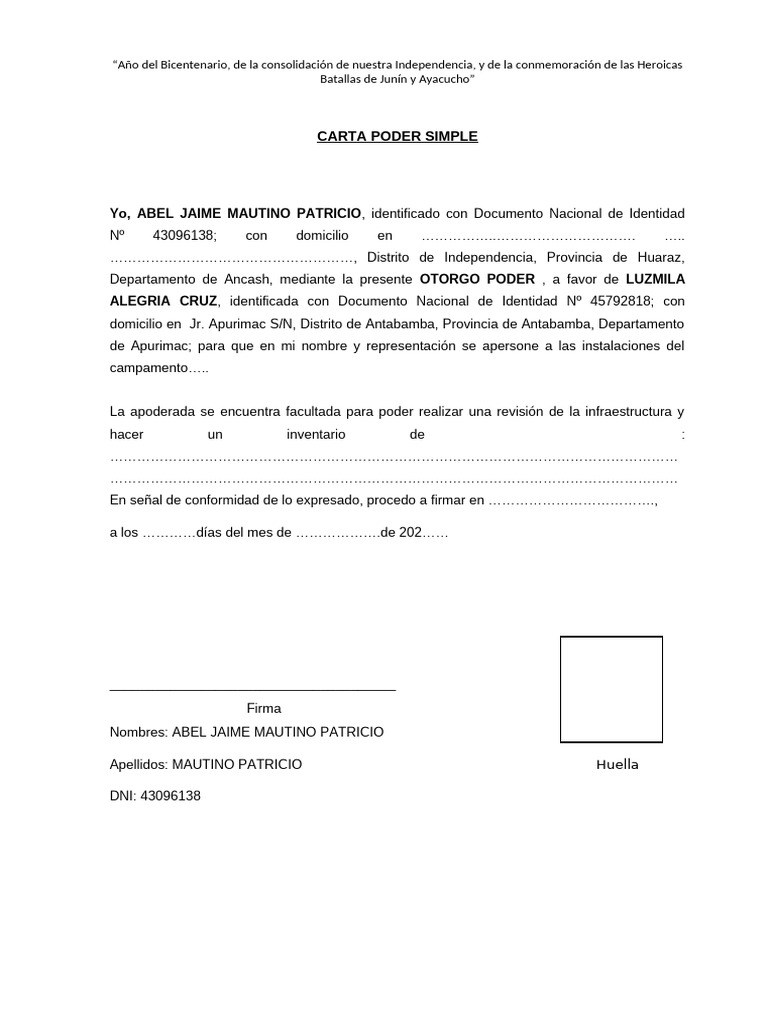 Formato de Carta Poder Simple | PDF