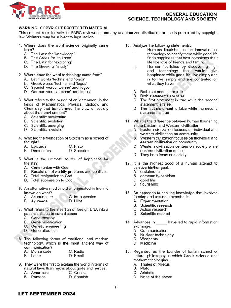 Gened DTM s24 Science Technology and Society Questionnaire | PDF