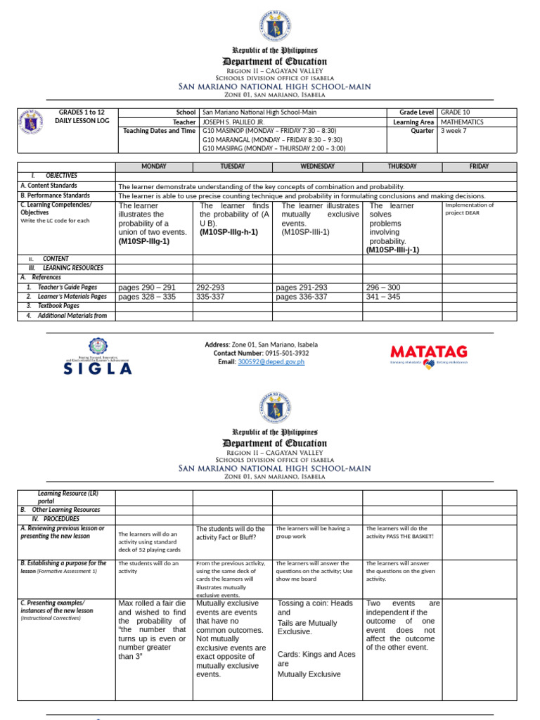 Grade 10 Math Lesson Plan | PDF | Probability | Learning