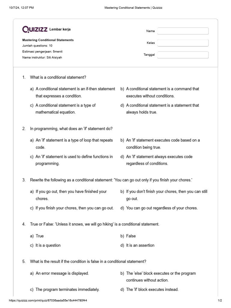 Mastering Conditional Statements _ Quizizz | PDF Mastering Conditional Statements _ Quizizz | PDF