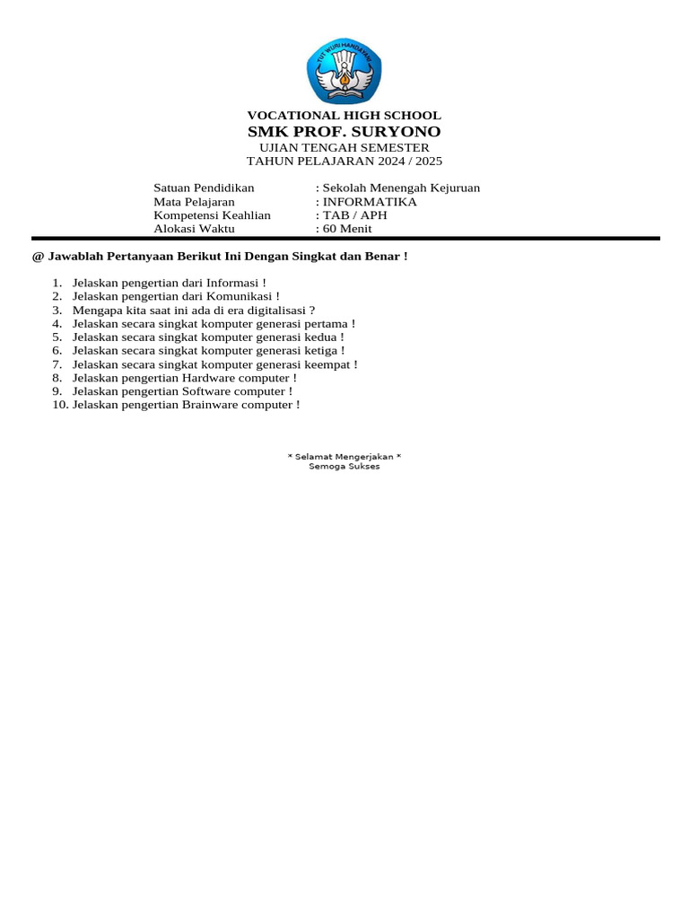 Soal PTS Ganjil 2024 | PDF