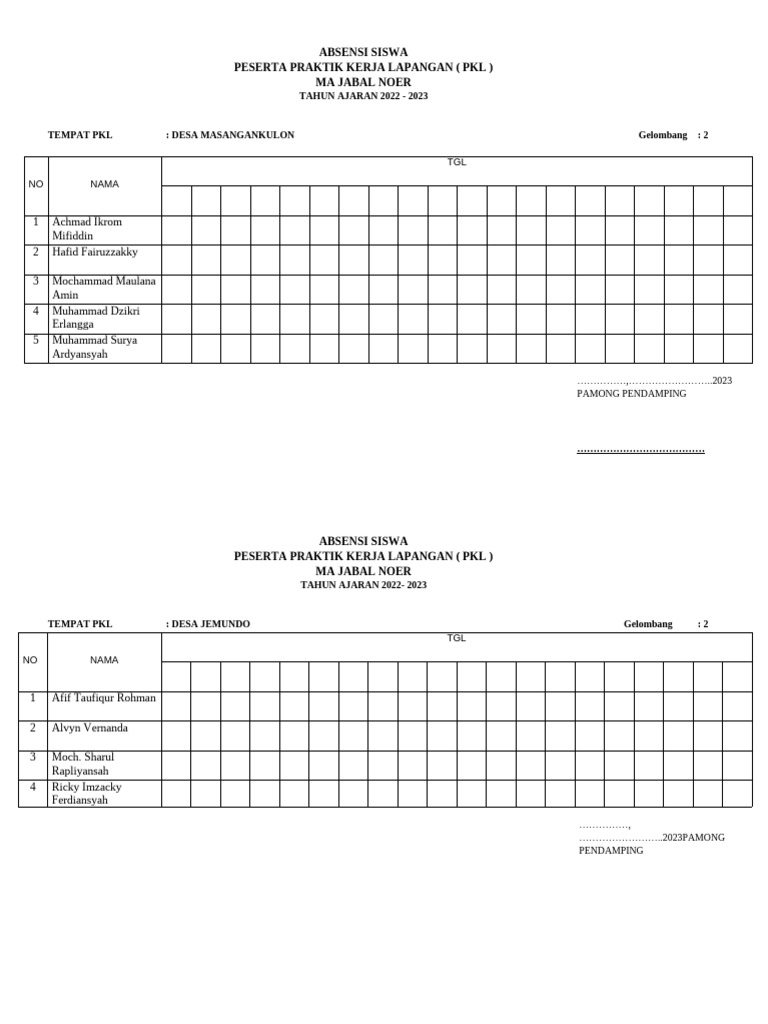 ABSENSI SISWA PKL MSG-MSG 6x | PDF