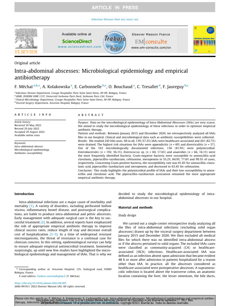 Intra Abdominal Abscesses Microbiological Epidemiology and Empirical | PDF