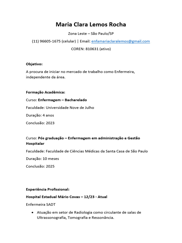 Curriculo Maria Clara Enf 4 | PDF