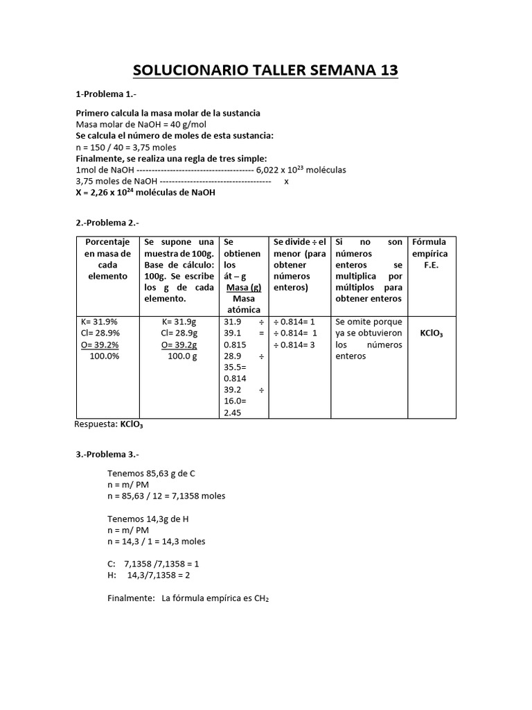 Solucionario Taller Semana 13 | PDF | Mole (Unidad) | Métodos y materiales de enseñanza