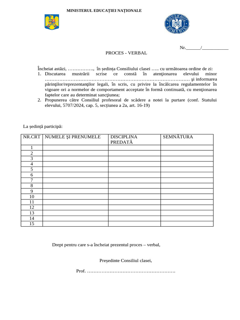 Proces Verbal Consiliul Clasei Mustrare Scrisa | PDF